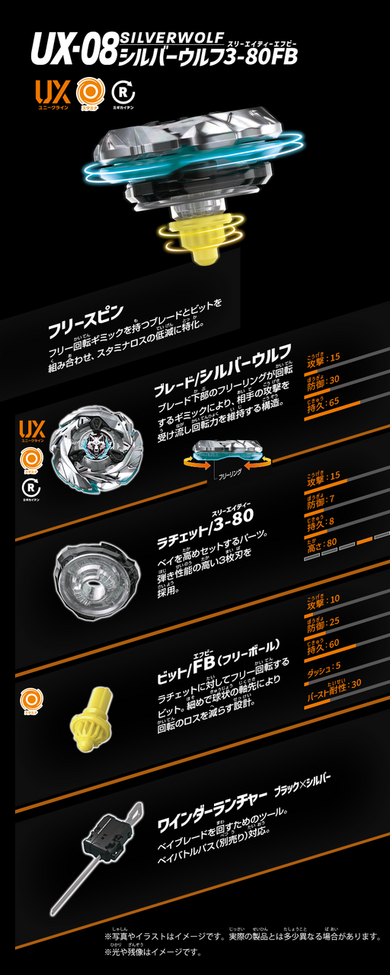 Takara Tomy Silver Wolf 3-80FB Beyblade X Starter UX-08